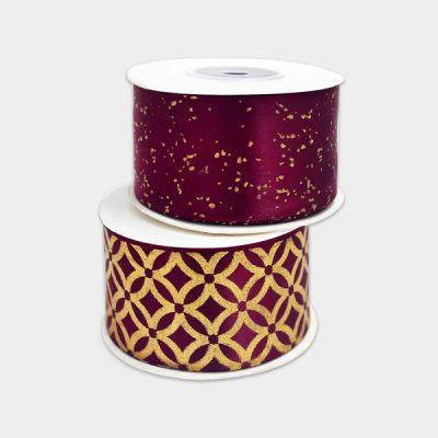 [ RIBBON ] 3.8cm GOLD PRINTED MAROON SATIN RIBBON ROLL - 13.5M ...